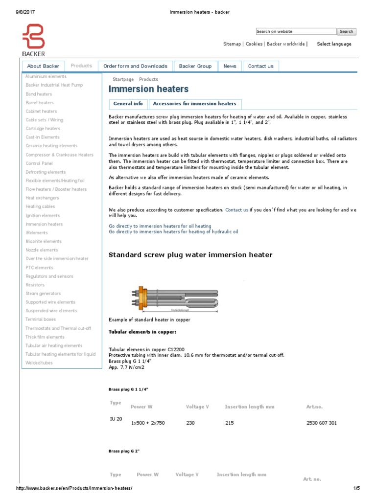Backer Immersion Heater Overview | PDF | Electric Heating | Engineering ...