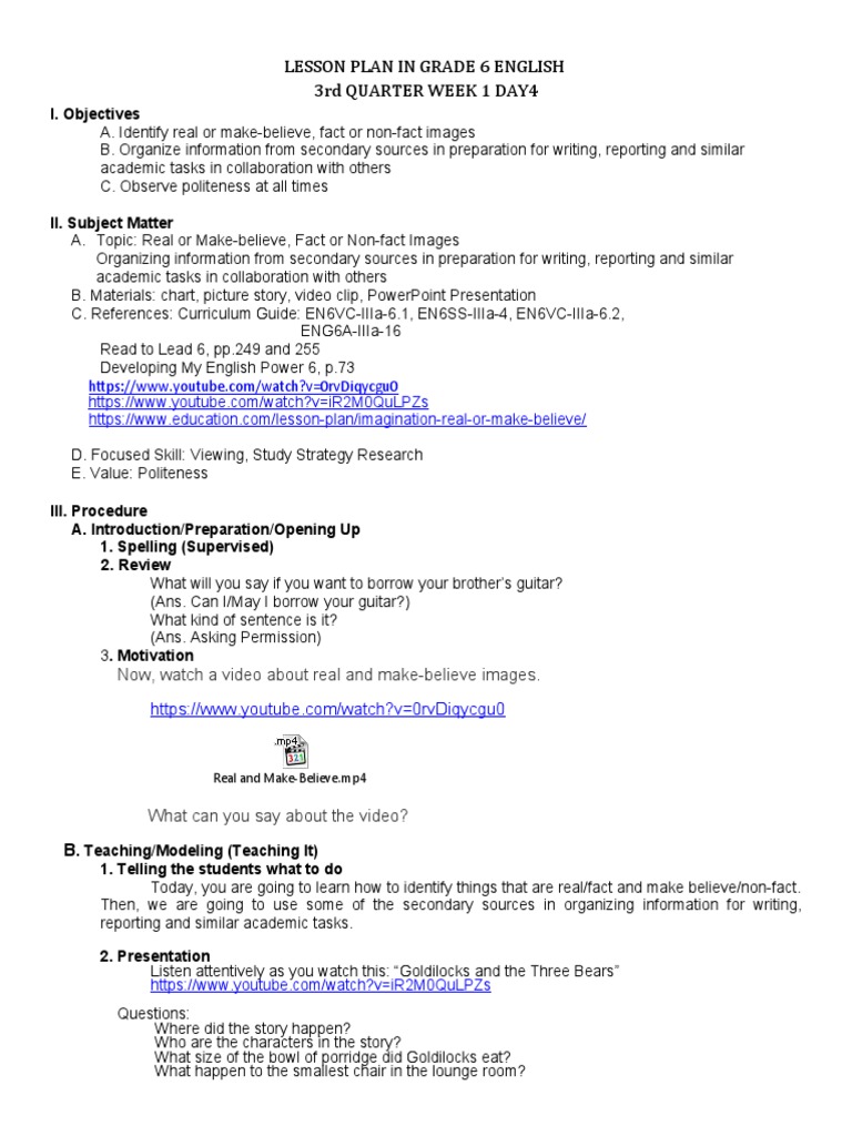 Lesson Plan in Grade 6 English 3Rd Quarter Week 1 Day4: I. Objectives ...
