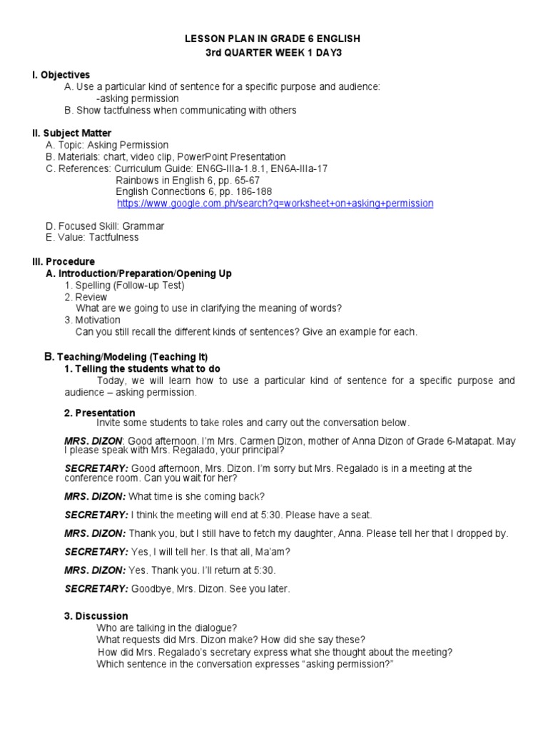 Lesson Plan in Grade 6 English 3Rd Quarter Week 1 Day3 I. Objectives ...