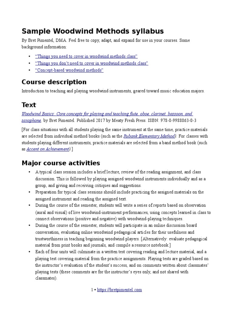 Sample Woodwind Methods Syllabus: Course Description | PDF | Woodwind ...