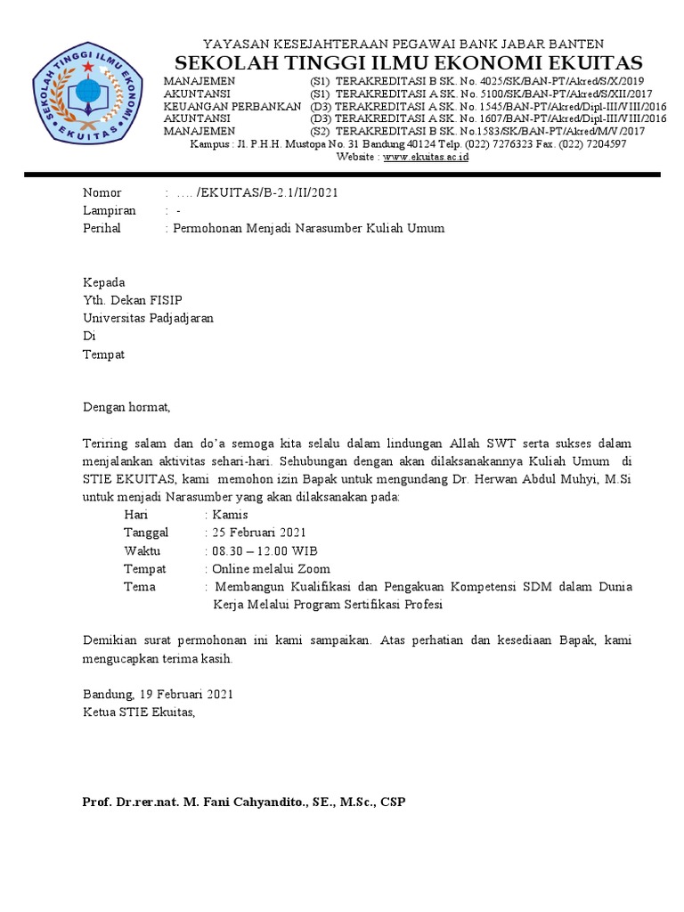 Surat Permohonan Kuliah Umum Sertifikasi - Dekan Fisip | PDF