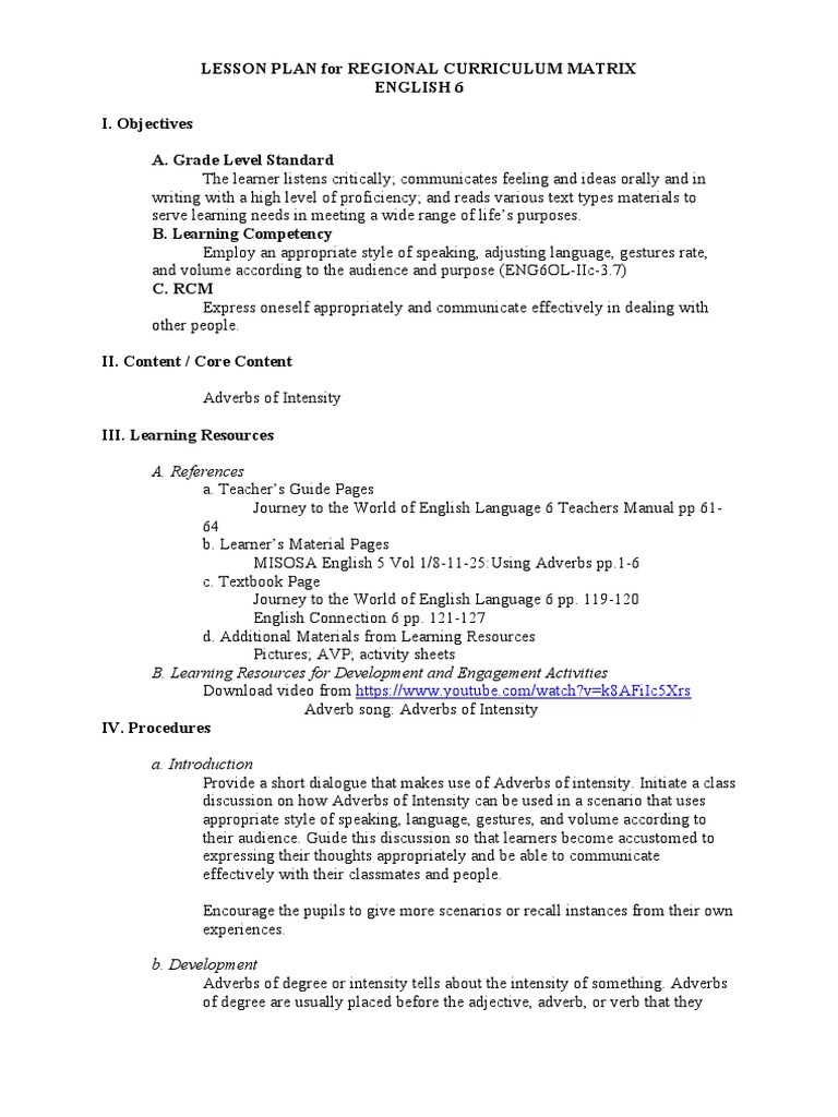 Lesson Plan For Regional Curriculum Matrix English 6 I. Objectives A ...