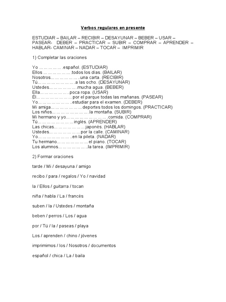 Verbos Regulares en Presente Ejercicios de Gramatica 25637 | PDF ...