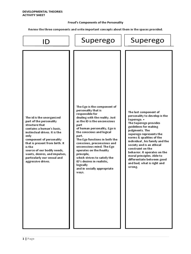 ID Superego Superego: Developmental Theories Activity Sheet Freud's ...