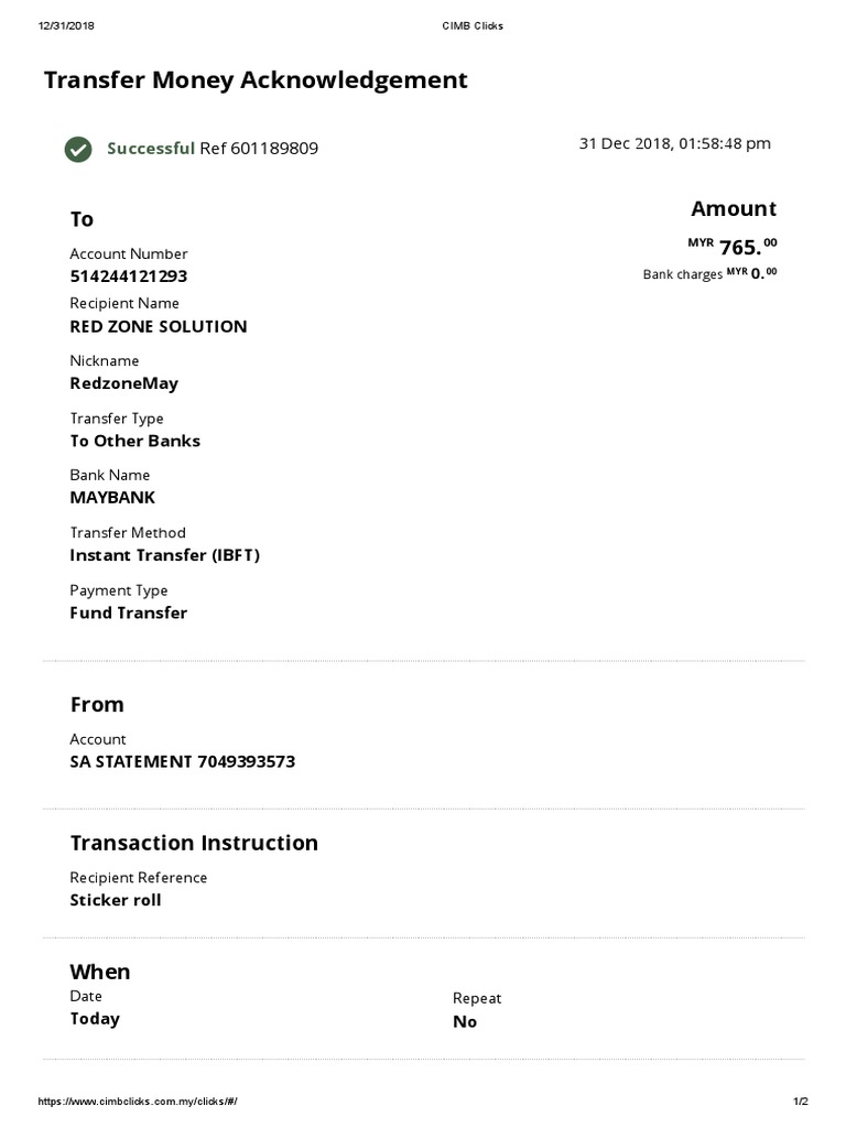 Transfer Money Acknowledgement: To Amount 765 | PDF