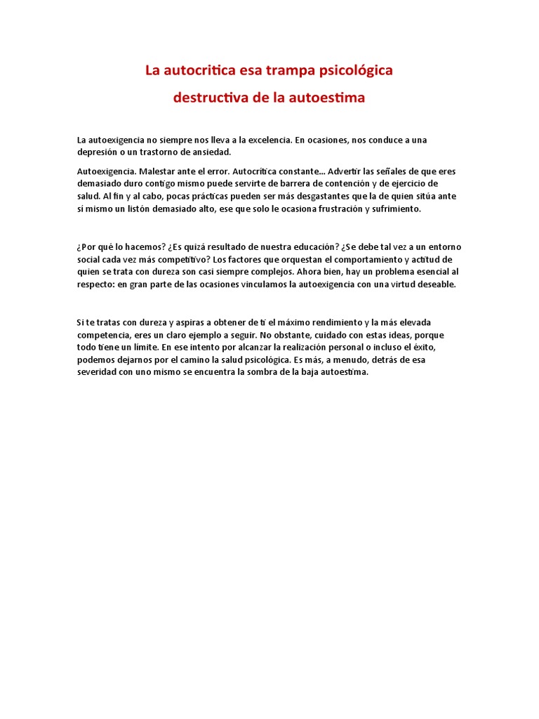 Autocrítica: Trampa de la Autoestima | PDF | Relaciones personales ...