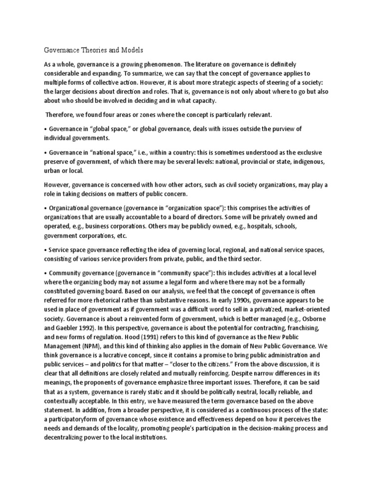 Governance Theories and Models | PDF | Good Governance | Governance