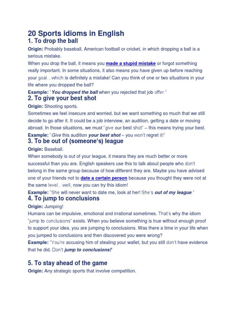 Sports Idioms and Their Meanings | PDF | Sports