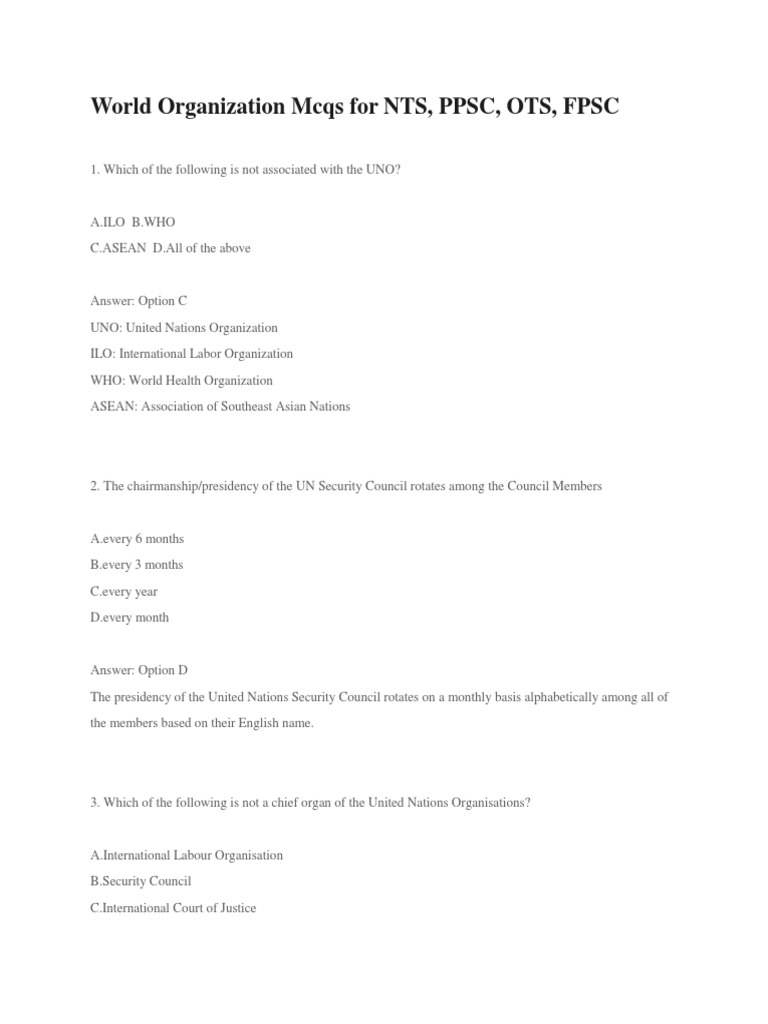 World Organization Mcqs | PDF | United Nations | International Relations