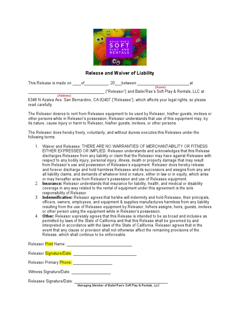 Soft Play Release and Waiver of Liability | PDF | Indemnity | Private Law