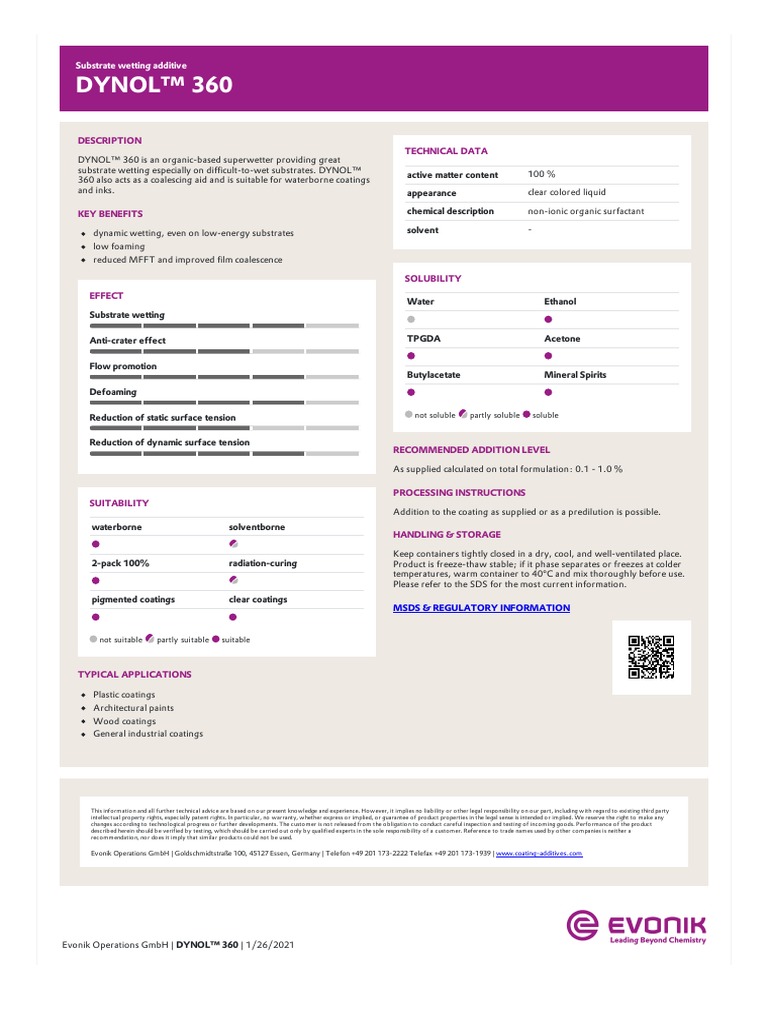 DYNOL™ 360: Description Technical Data | PDF | Wetting | Solubility
