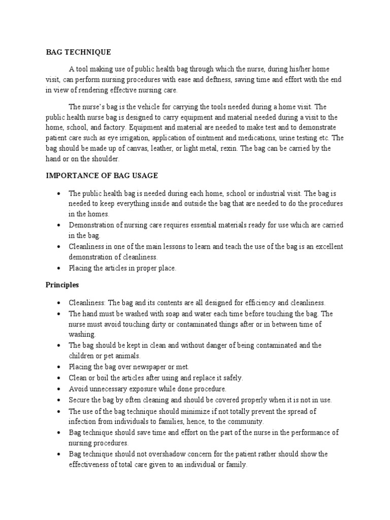 Community Health Nursing BAG TECHNIQUE | PDF | Hand Washing | Nursing