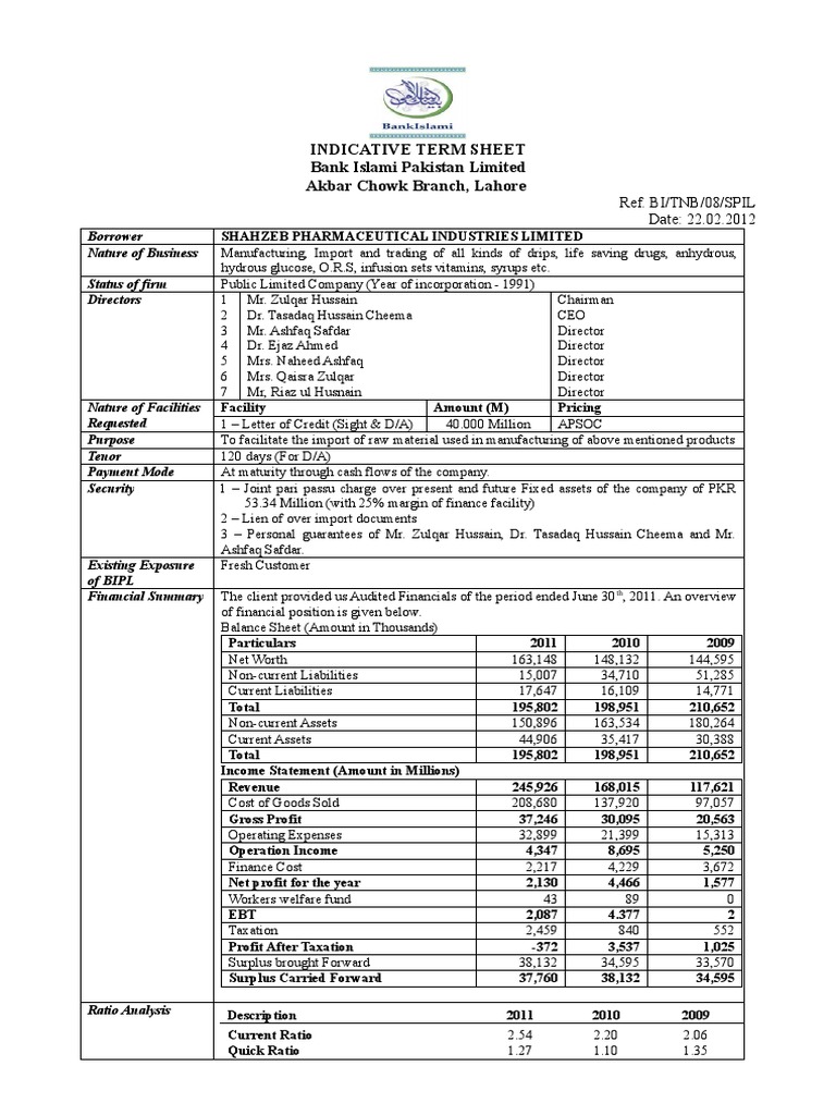 Indicative Term Sheet Bank Islami Pakistan Limited Akbar Chowk Branch, Lahore | PDF | Revenue ...