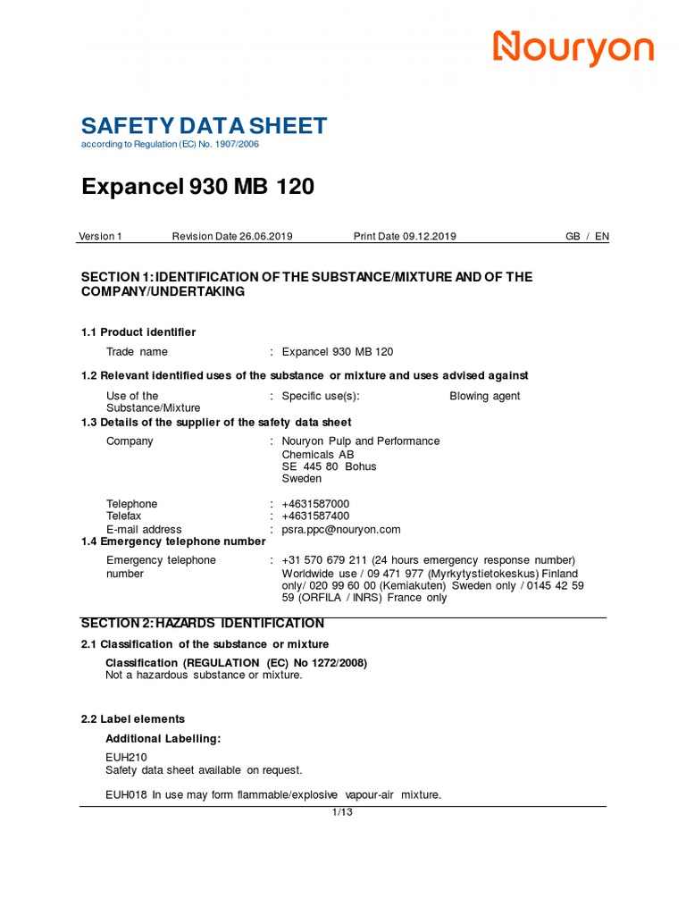 SDS - Expancel 930 MB 120 - 20190626 | PDF | Toxicity | Firefighting