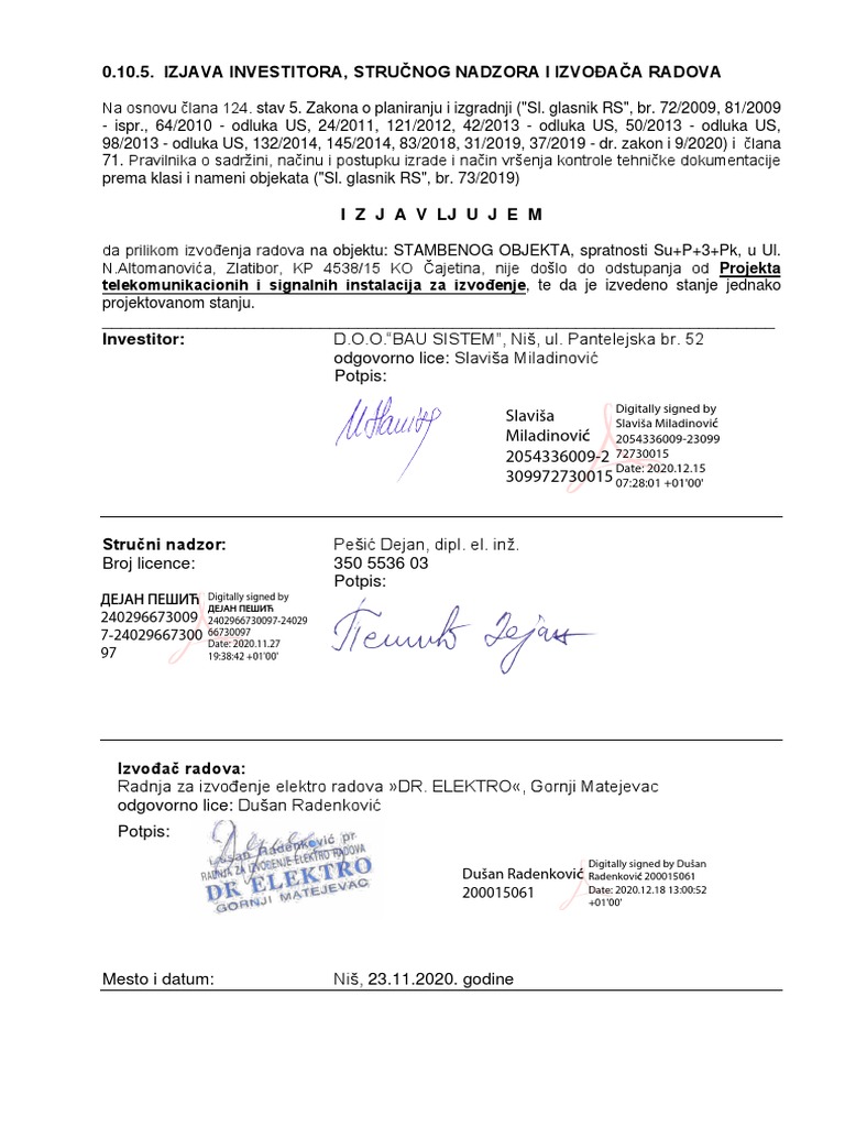 5 - Izjava Projekat Telekom - Sign - Inst - PZI PIO sl-2 | PDF