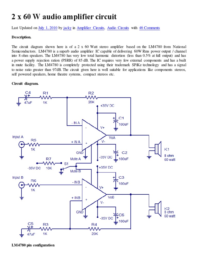 2 X 60 W Audio Amplifier Circuit | PDF