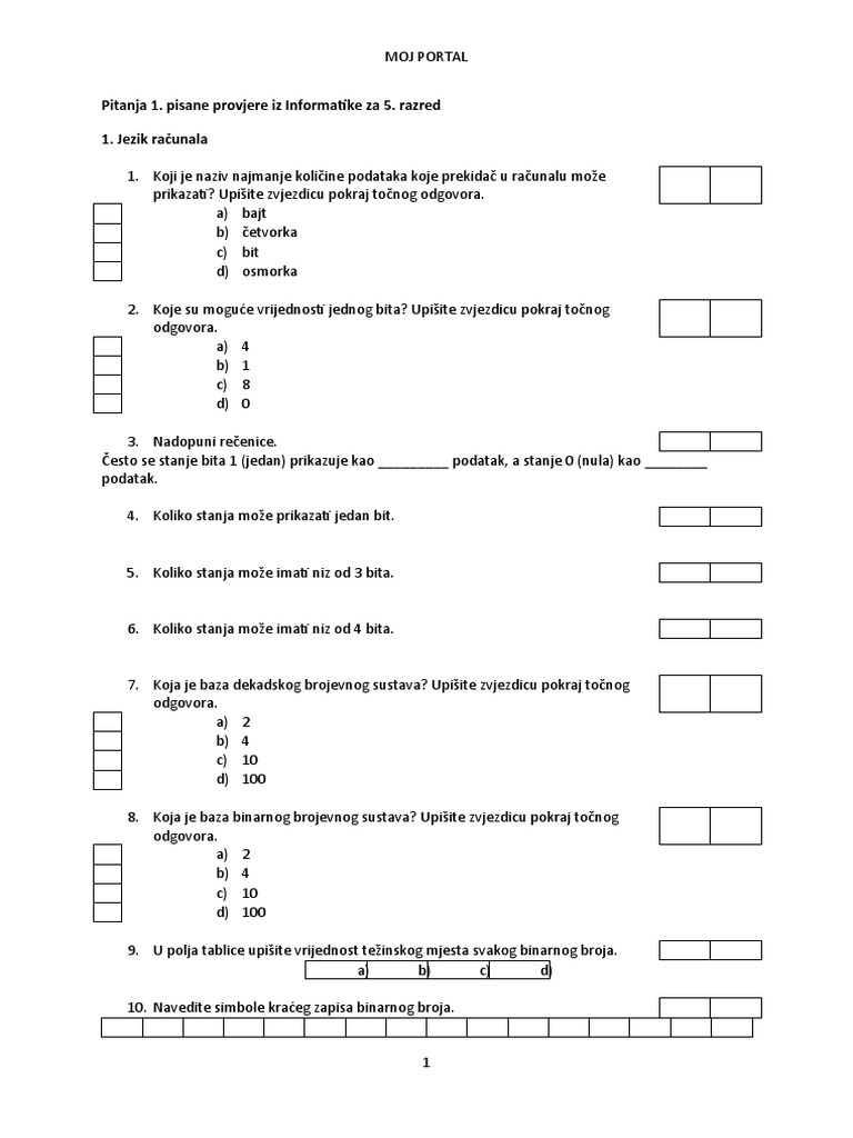 Pitanja 1. Pisane Provjere Za 5. Razred | PDF