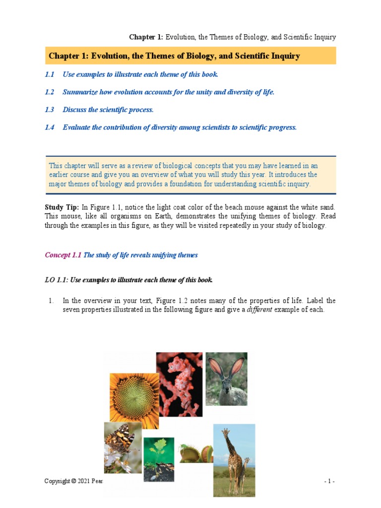 Chapter 1: Evolution, The Themes of Biology, and Scientific Inquiry ...