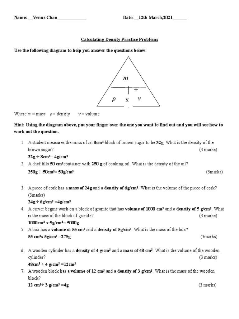 Venus Chan - Calculating Density Practice Problems | PDF