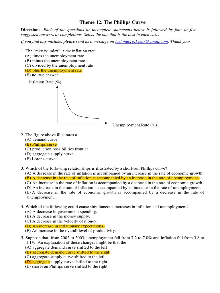 Phillips Curve (Multiple Choice Questions) | PDF | Phillips Curve ...