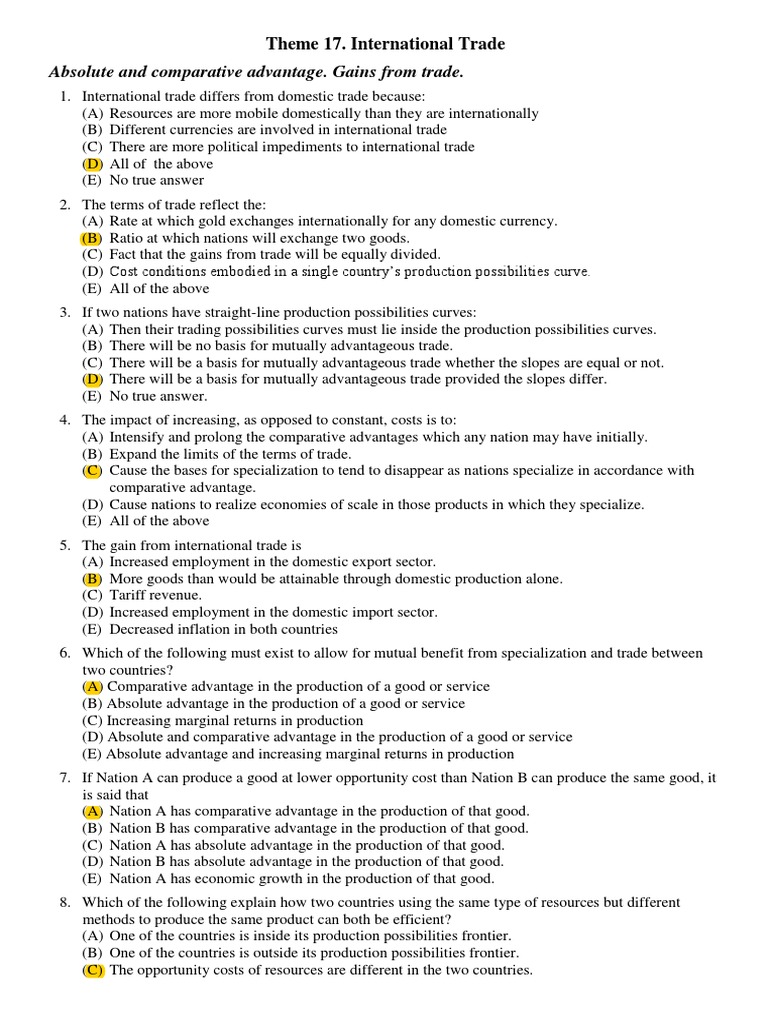 International Trade (Multiple Choice Questions) | PDF | Free Trade | Tariff