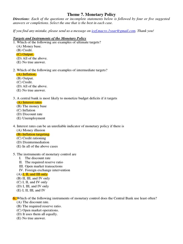 Monetary Policy (Multiple Choice Questions) | PDF | Money Supply ...