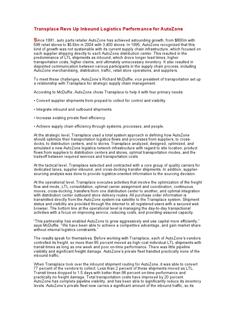 Inbound Logistics Performance For AutoZone | PDF | Cargo | Supply Chain