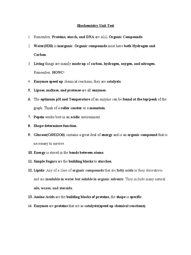 Biochemistry Unit Test Review Sheet | PDF