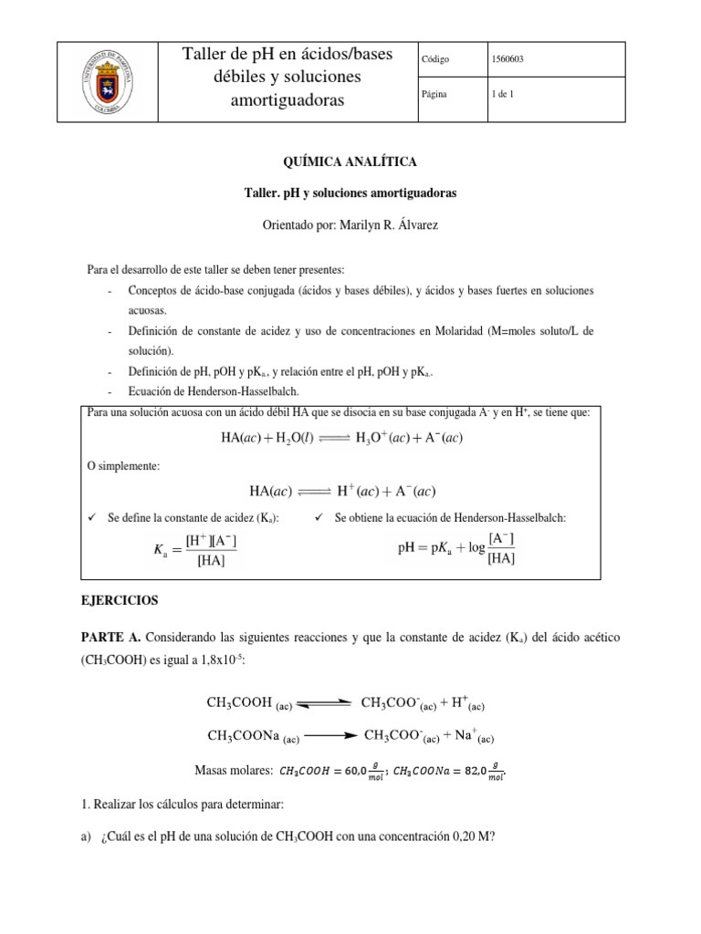 Taller. PH en Ácidos-Bases Débiles y Soluciones Amortiguadoras | PDF | Constante de disociación ...