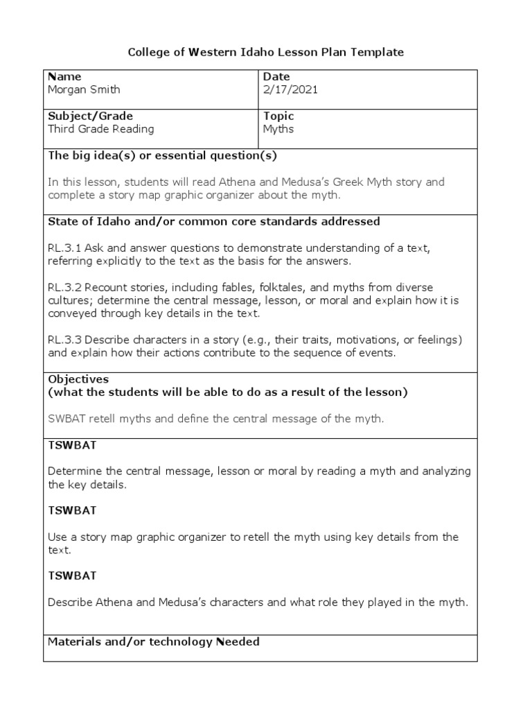 Lesson Plan - Third Grade Reading - Myths | PDF | Medusa | Athena