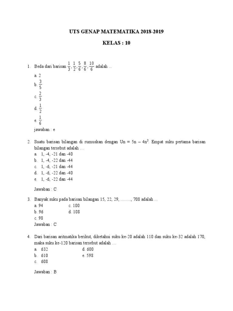 UTS Genap Matematika Kelas 10 2018-2019 | PDF