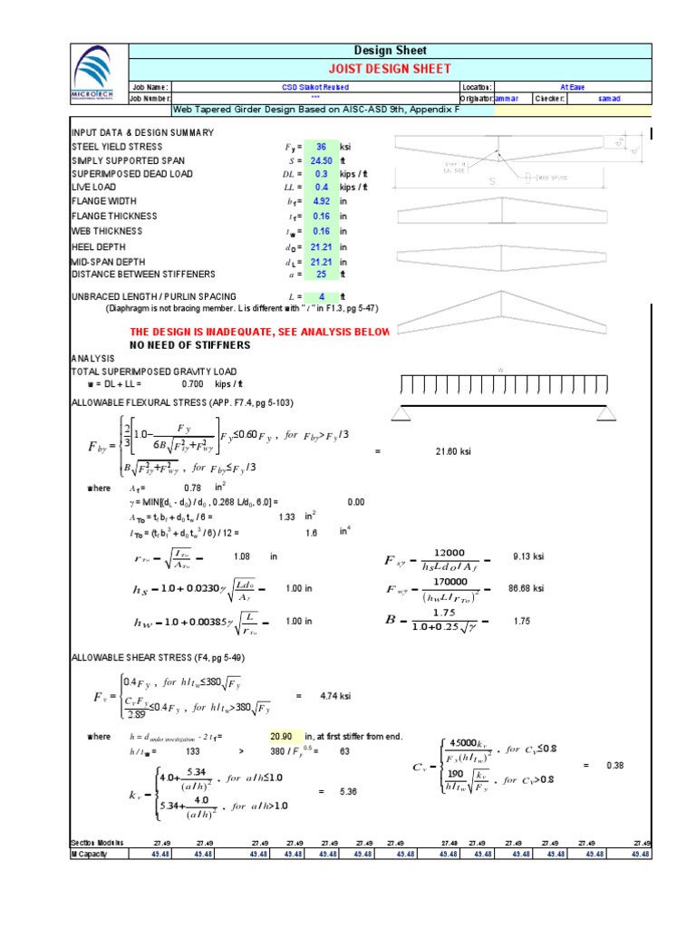 Joist Design Sheet: Web Tapered Girder Design Based On AISC-ASD 9th, Appendix F | PDF | Economic ...