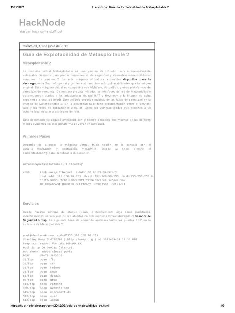 HackNode - Guía de Explotabilidad de Metasploitable 2 | PDF | Protocolo ...