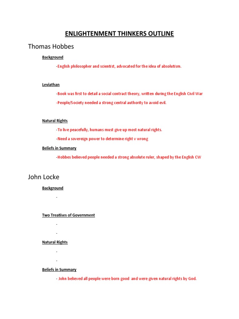 Thomas Hobbes: Enlightenment Thinkers Outline | PDF