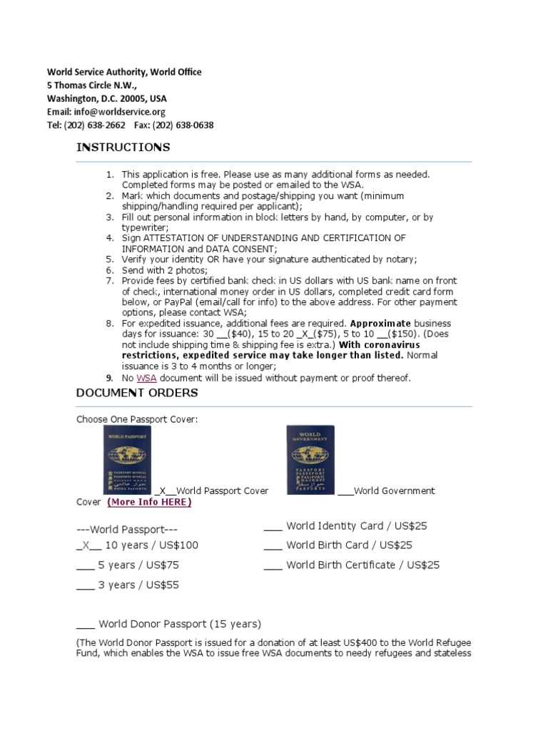 Instructions: World Service Authority, World Office 5 Thomas Circle N.W ...