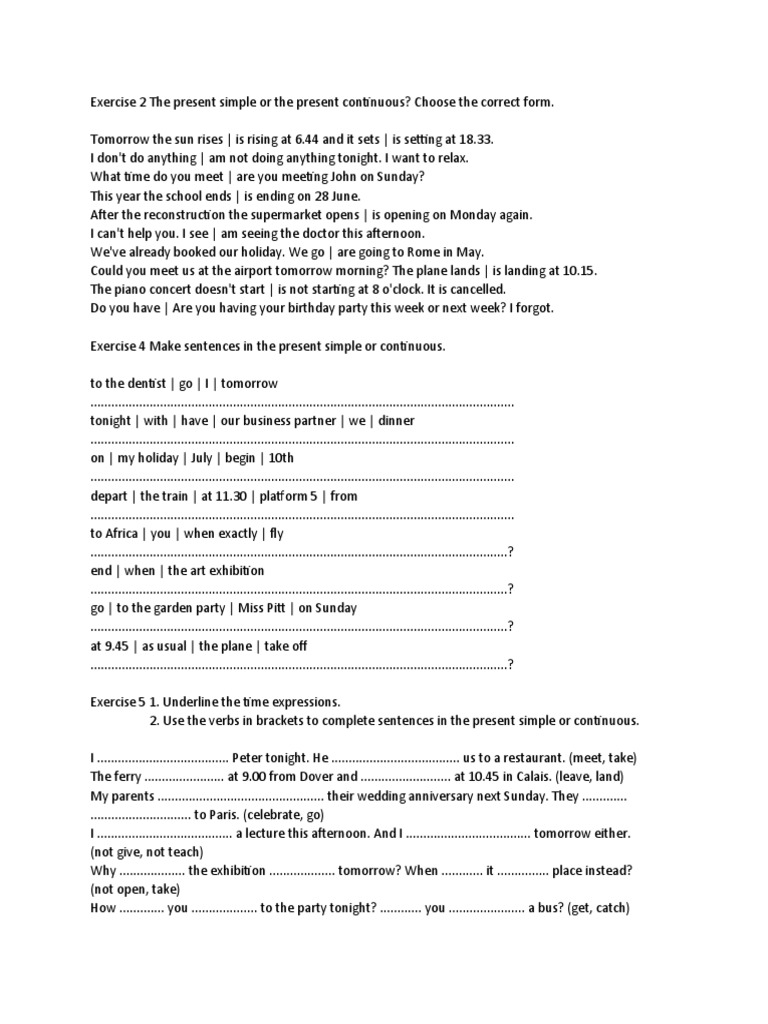 Exercise 2 The Present Simple or The Present Continuous | PDF | Grammar ...