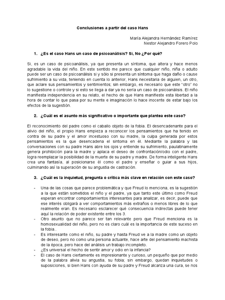 Conclusiones A Partir Del Caso Hans | PDF | Psicoanálisis | Fobia