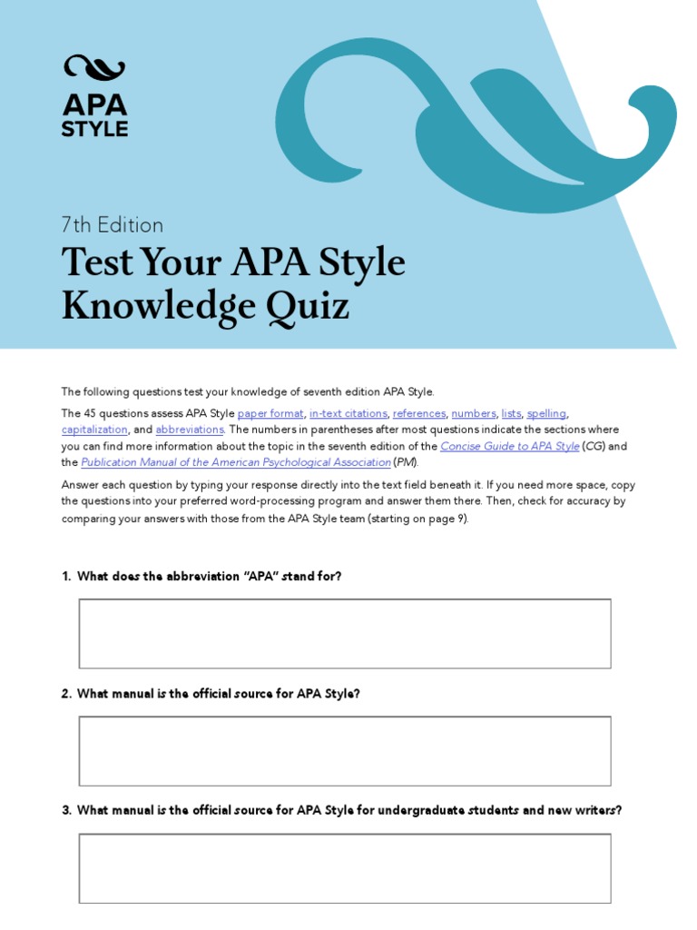 Test Your APA Style Knowledge Quiz: 7th Edition | PDF | Apa Style ...