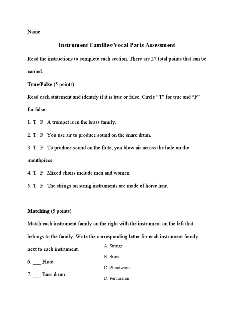 Instrument Families Assessment Guide | PDF | Musical Instruments ...