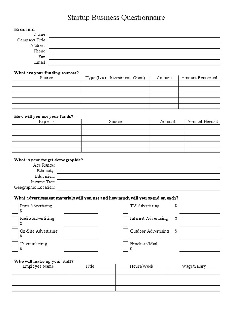 Startup Business Questionnaire Form | PDF
