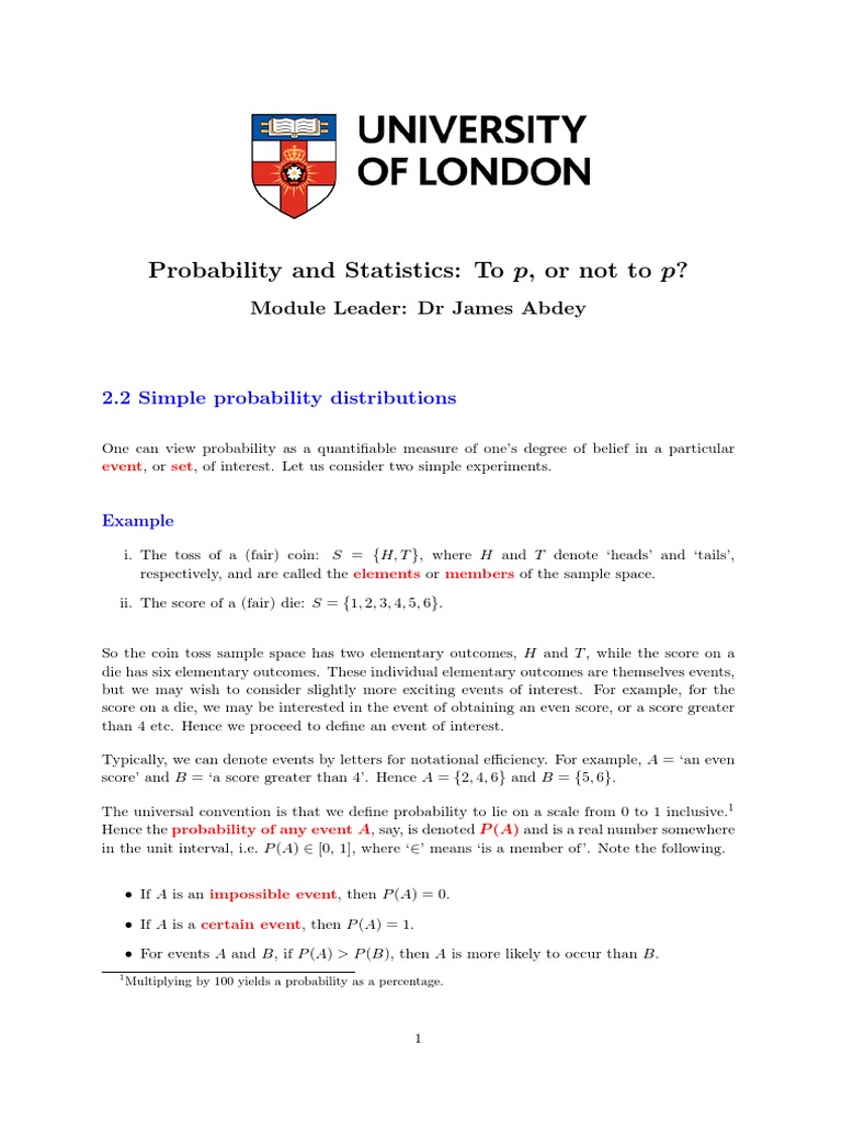 Probability and Statistics: To P, or Not To P?: Module Leader: DR James Abdey | PDF ...