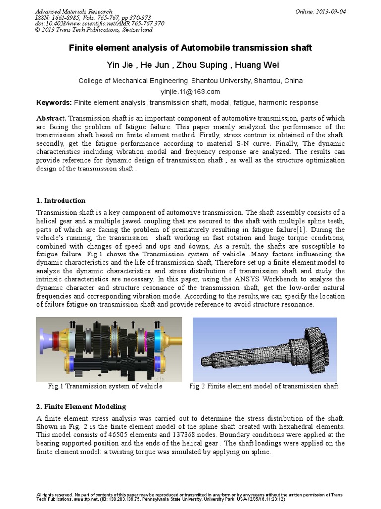Finite Element Analysis Of Automobile Transmission Shaft Pdf