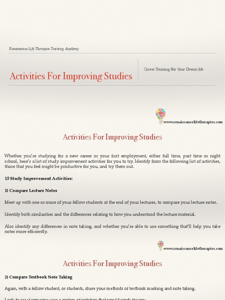 34 Activities For Improving Studies | PDF | Lecture | Motivation