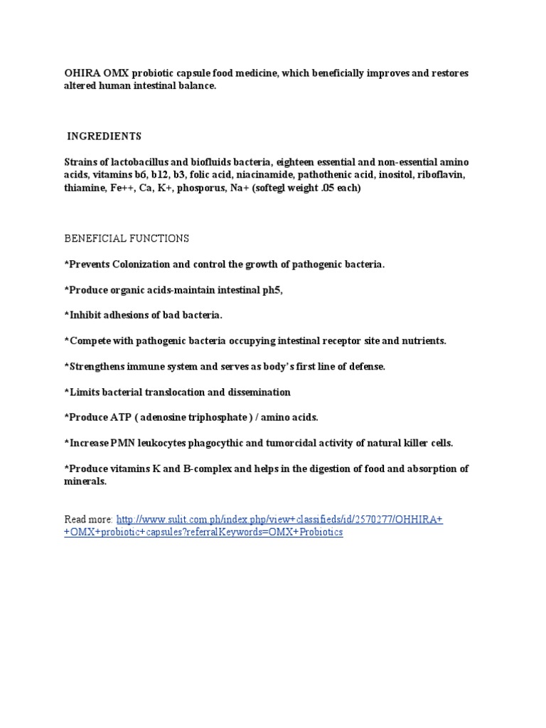 OHIRA OMX Probiotic Capsule Food Medicine | PDF
