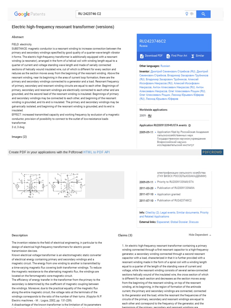 Patents: Electric High-Frequency Resonant Transformer (Versions) | PDF ...