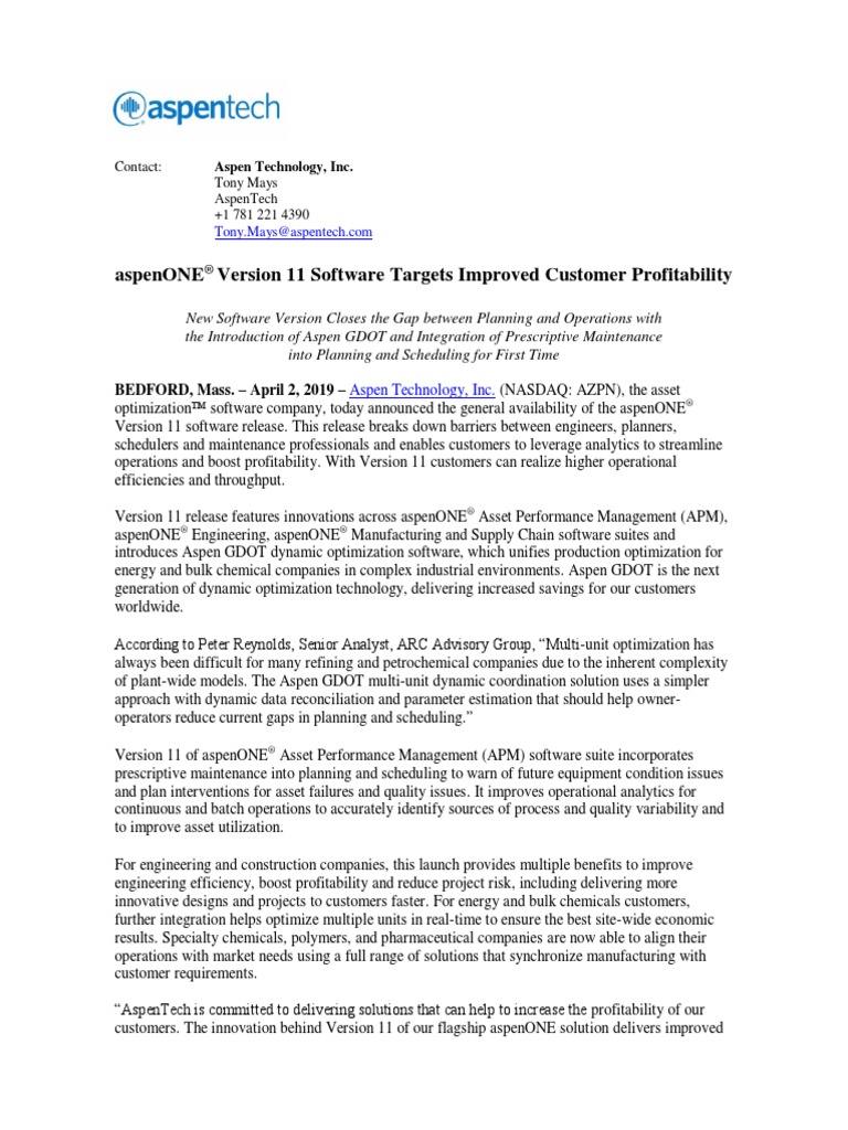 aspenONE V11 Press Release | PDF