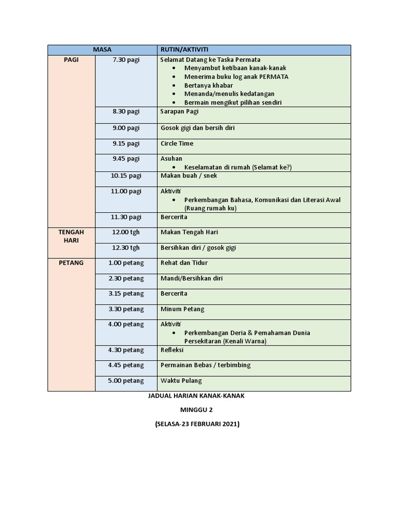 Jadual Harian Kanak-Kanak | PDF