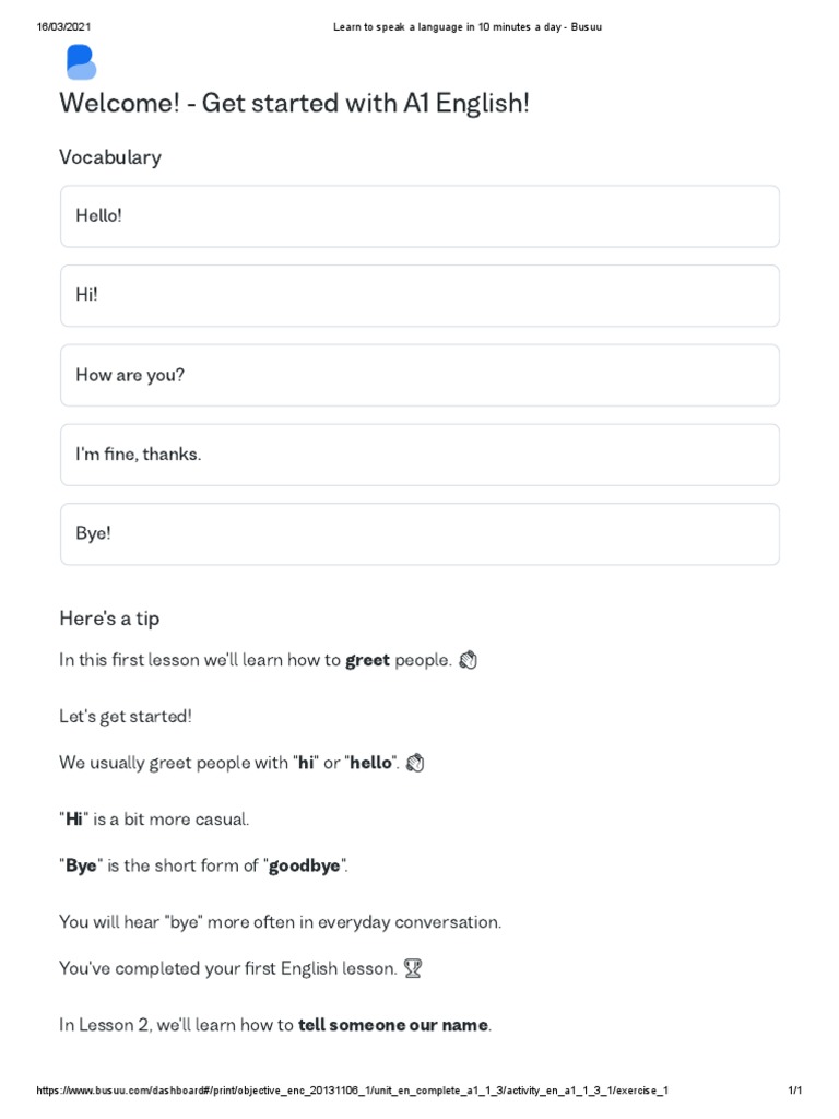 Welcome! - Get Started With A1 English!: Vocabulary | PDF
