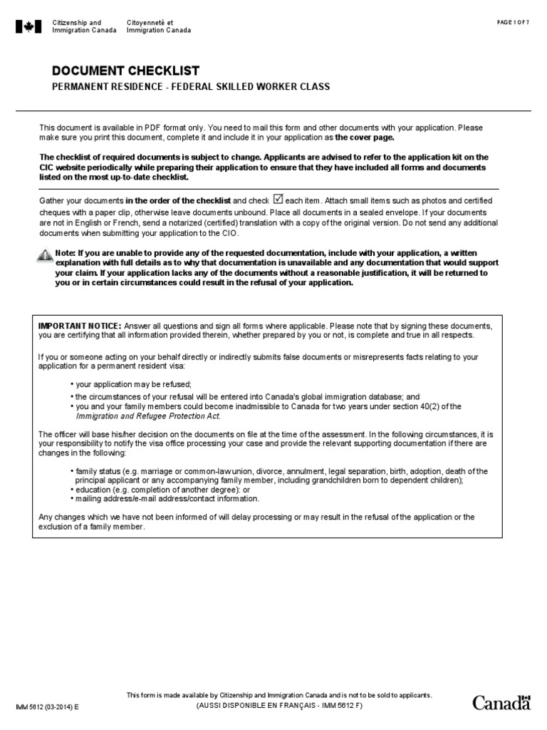 Document Checklist: Permanent Residence - Federal Skilled Worker Class ...