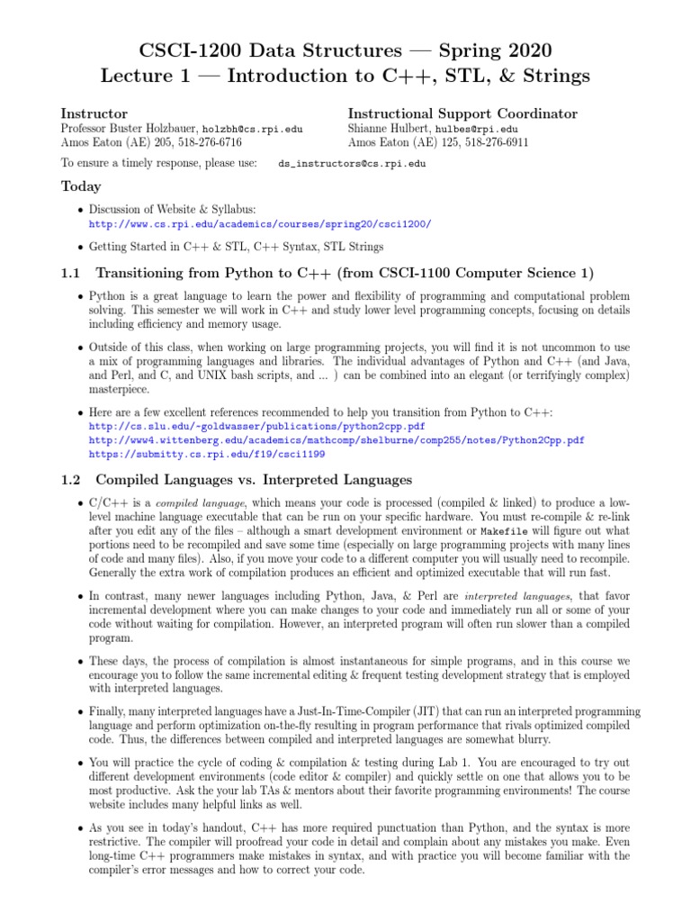 CSCI-1200 Data Structures - Spring 2020 Lecture 1 - Introduction To C++, STL, & Strings | PDF ...